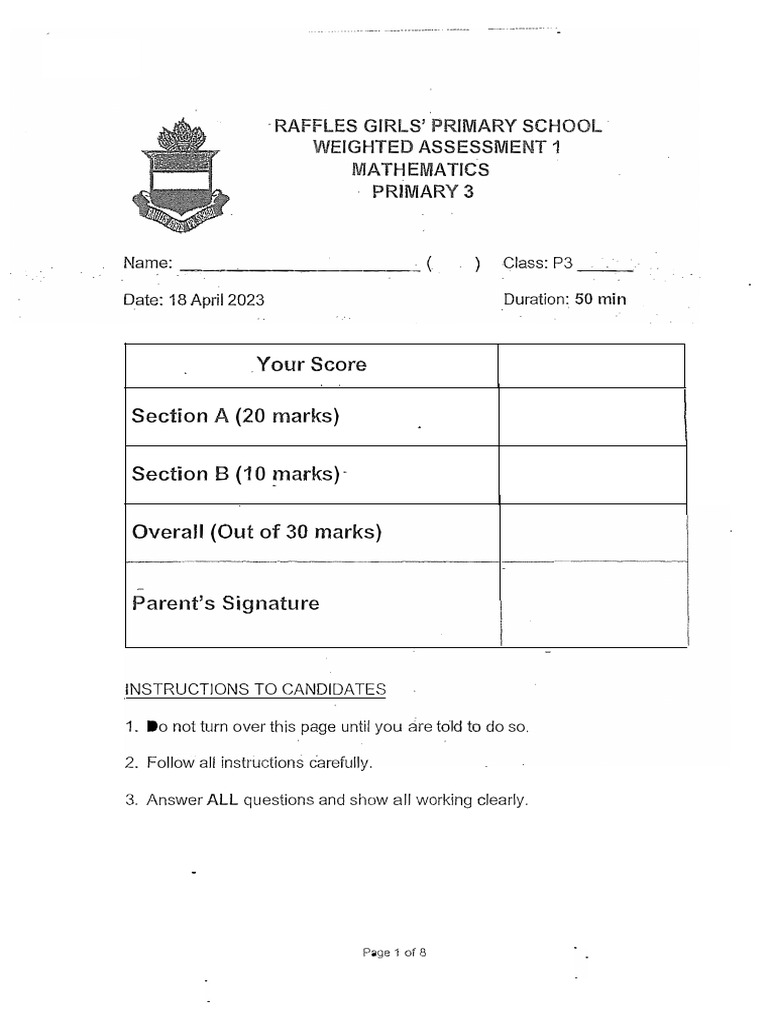 P3 Maths WA12 2023 Raffles Exam Papers | PDF