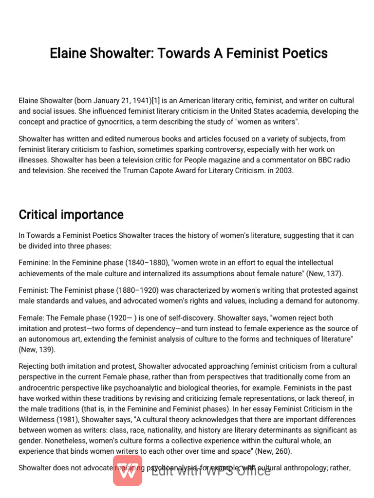 Showalter's Feminist Poetics Explained | PDF | Feminism | Gender Studies