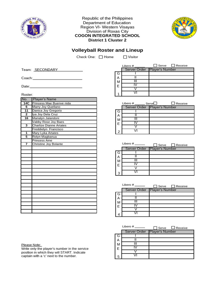 Volleyball Roster and Lineup Sheet | PDF | Games Of Physical Skill ...
