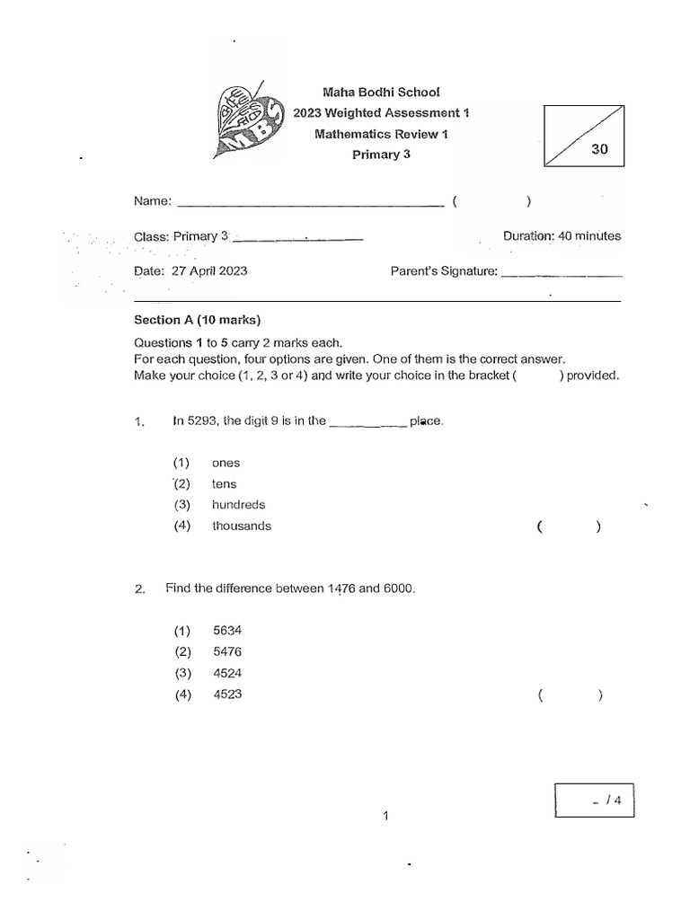 P3 Maths WA12 2023 MahaBodhi Exam Papers | PDF