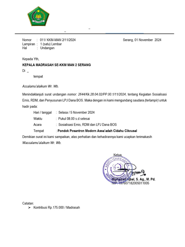 Undangan Sosialisasi KKM MAN 2 Serang | PDF