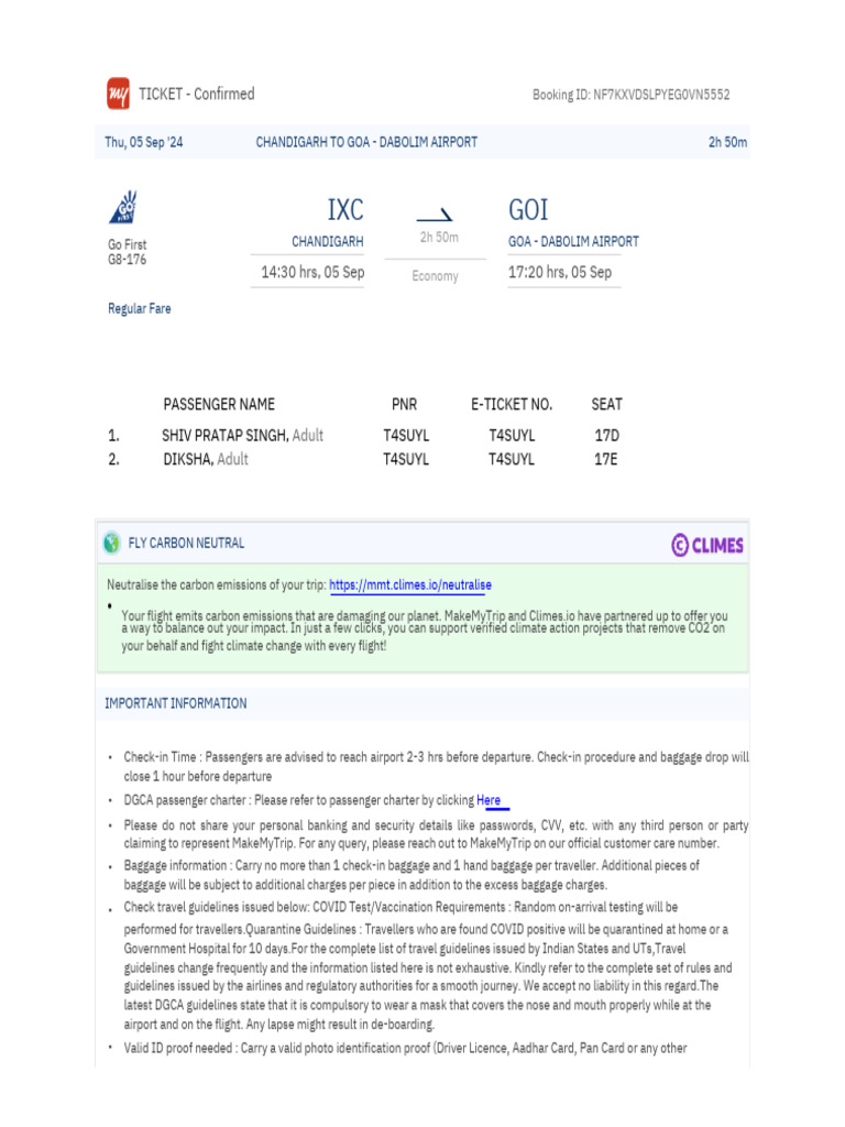 CHD To Goa | PDF | Identity Document