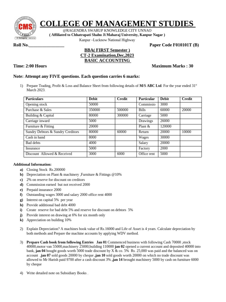 BBA I Year Paper (Accounts) | PDF | Debits And Credits | Financial ...