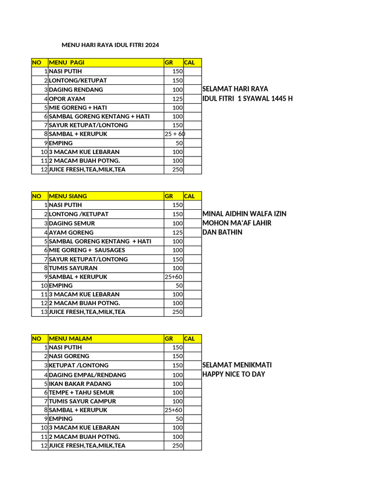 Menu Idul Fitri 1445 (2024) | PDF