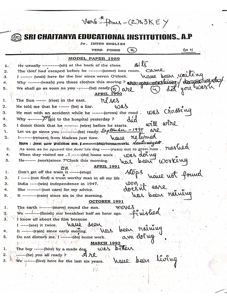 Jr.inter Verb Forms Assign Previous Public Questions KEY (24-25) | PDF