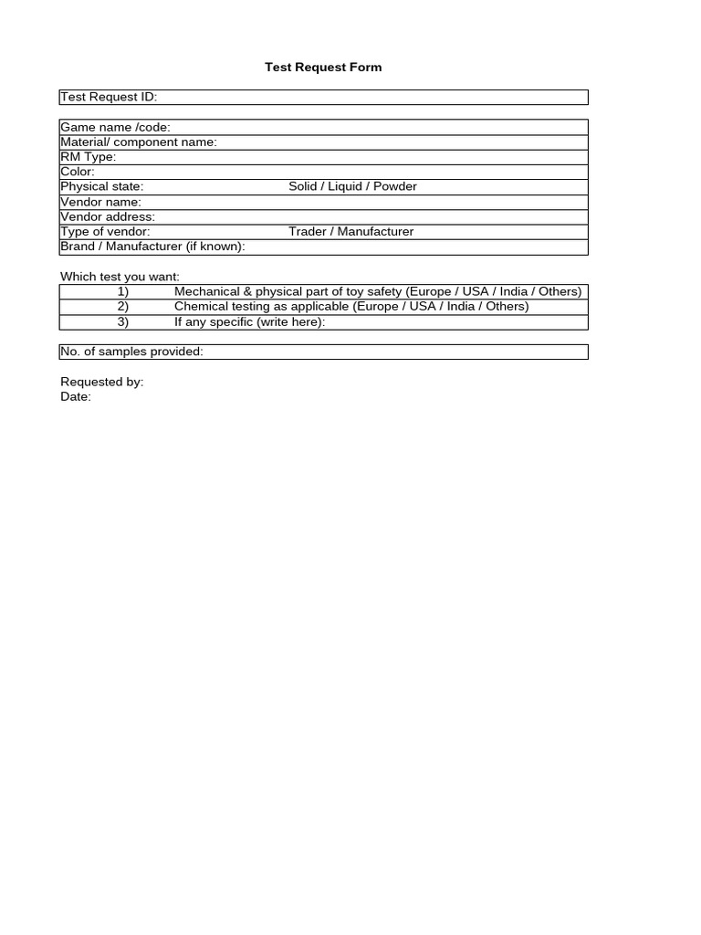 Toy Safety Test Request Form | PDF | Cosmetics | Toys