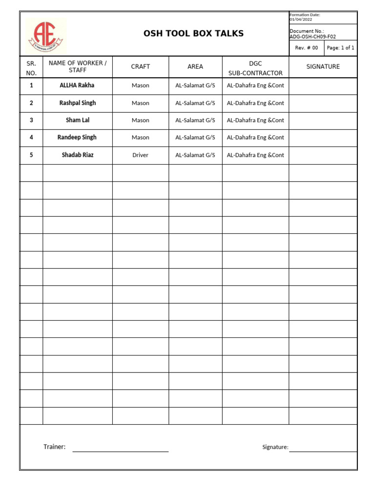 F02 - OSH Tool Box Talks - 1 | PDF