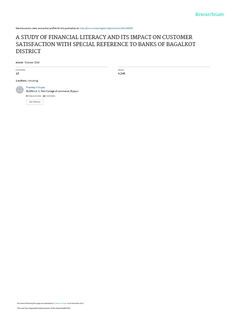 A Study of Financial Literacy and Its Impact On Customer Satisfaction With Special Reference To ...