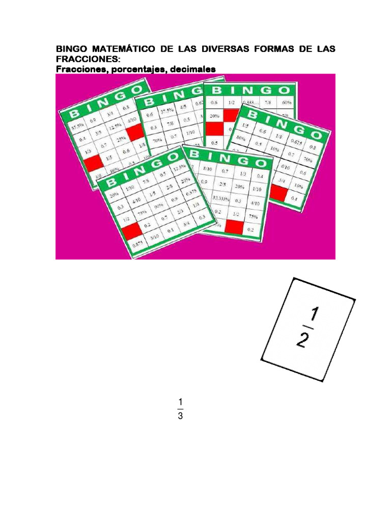 Bingo Matemático de Fracciones | PDF | Decimal | Porcentaje