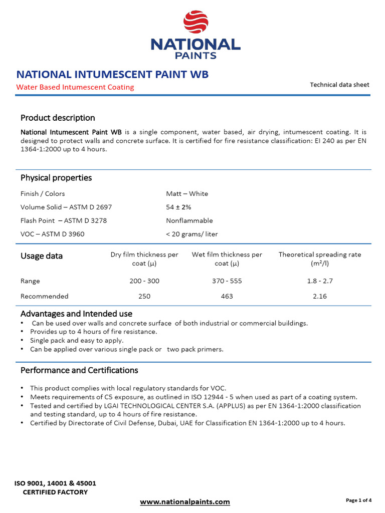 National Intumescent Paint Data Sheet | PDF | Paint | Building Materials