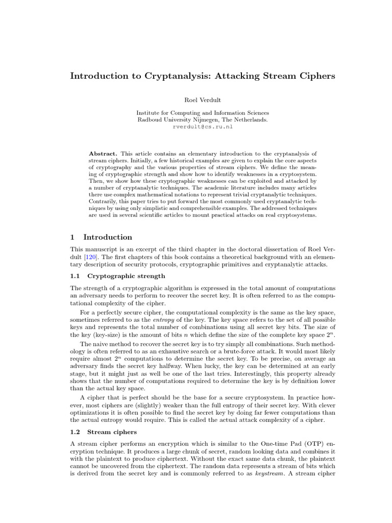 Introduction To Cryptanalysis-Attacking Stream Ciphers | PDF | Cryptography | Cryptanalysis