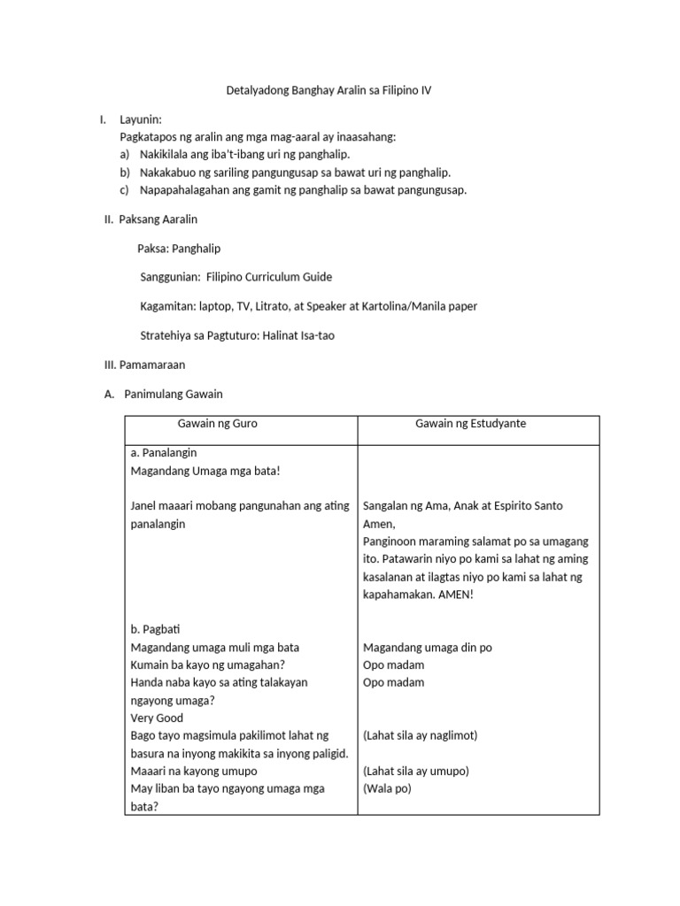 Detalyadong Banghay Aralin Sa Filipino IV | PDF