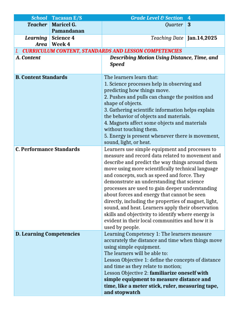 Deped Matatag LP in Science 4 | PDF | Learning | Force