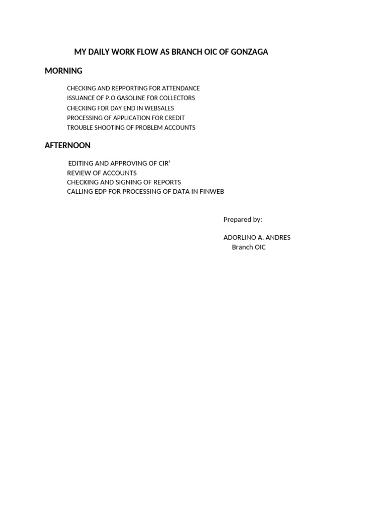 My Daily Work Flow As Branch Oic of Gonzaga Morning | PDF