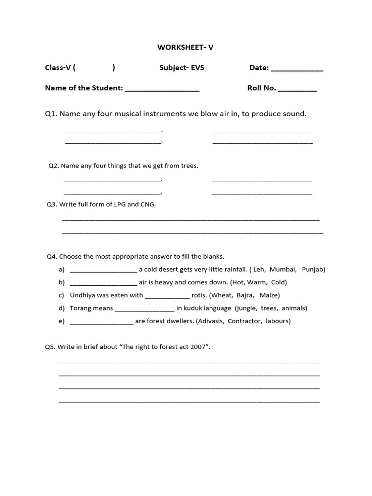 Class 5 EVS Worksheet 5 | PDF