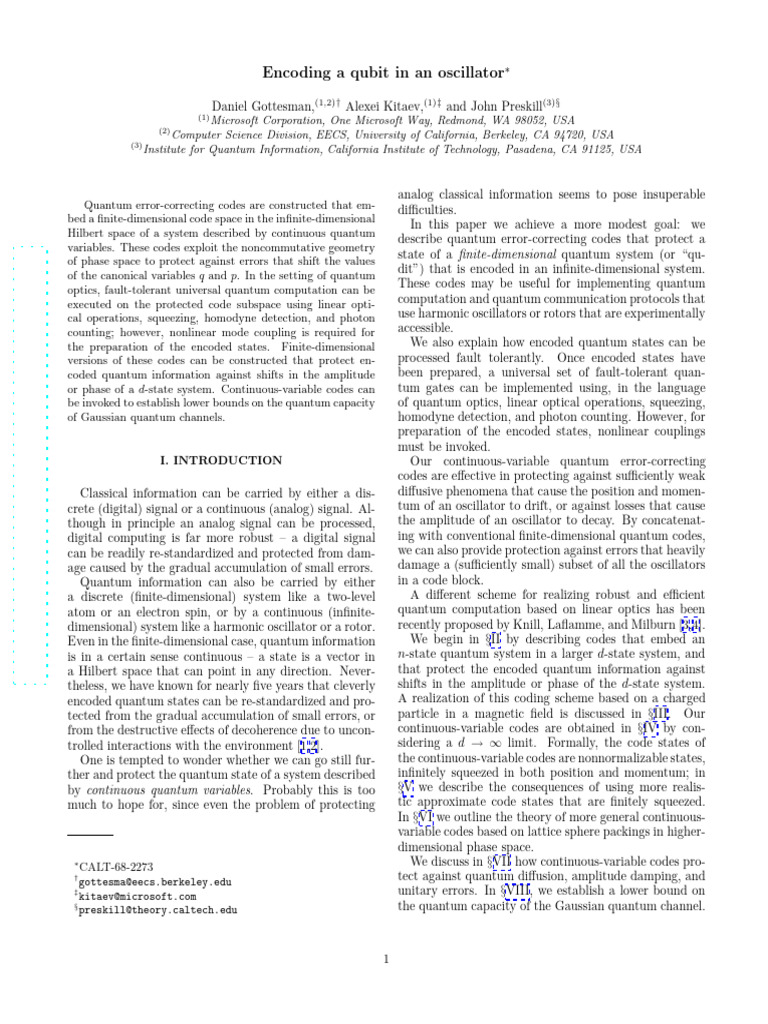 Encoding A Qubit in An oscillator-GKP Encoding | PDF | Theoretical Physics | Quantum Mechanics