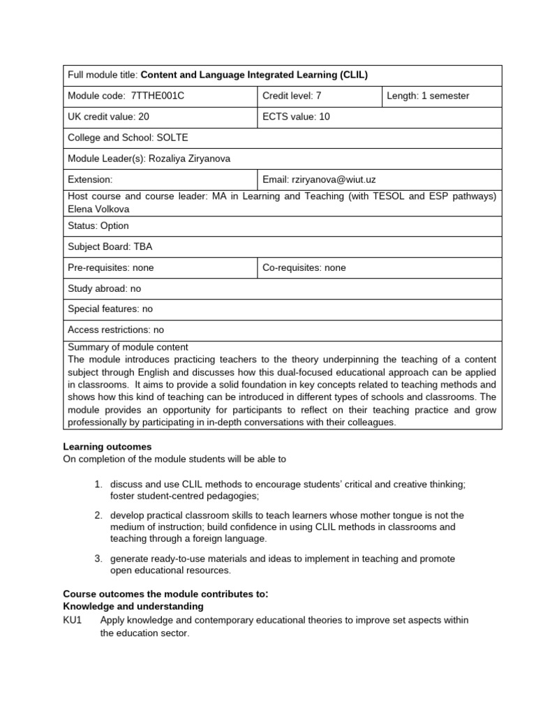 CLIL Module Overview for Educators | PDF | Learning | Educational ...