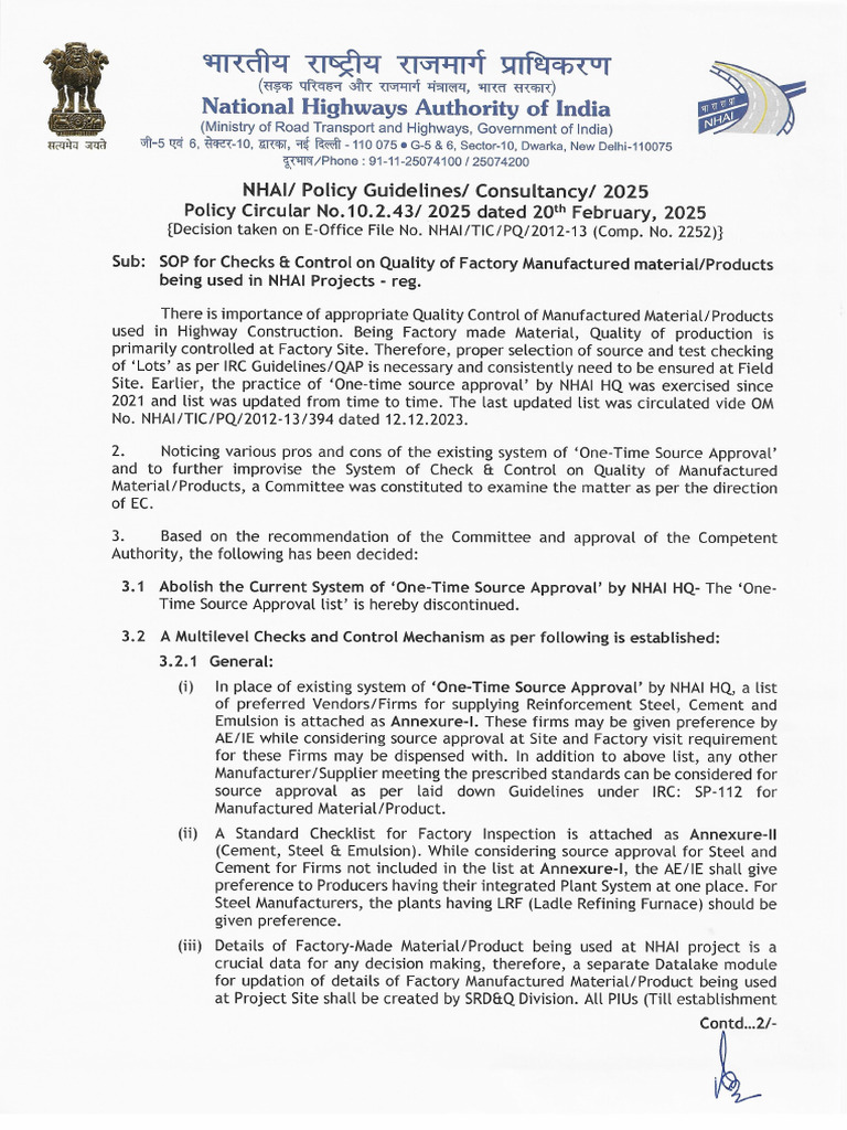 NHAI Policy Circular No.10.2.43 | PDF