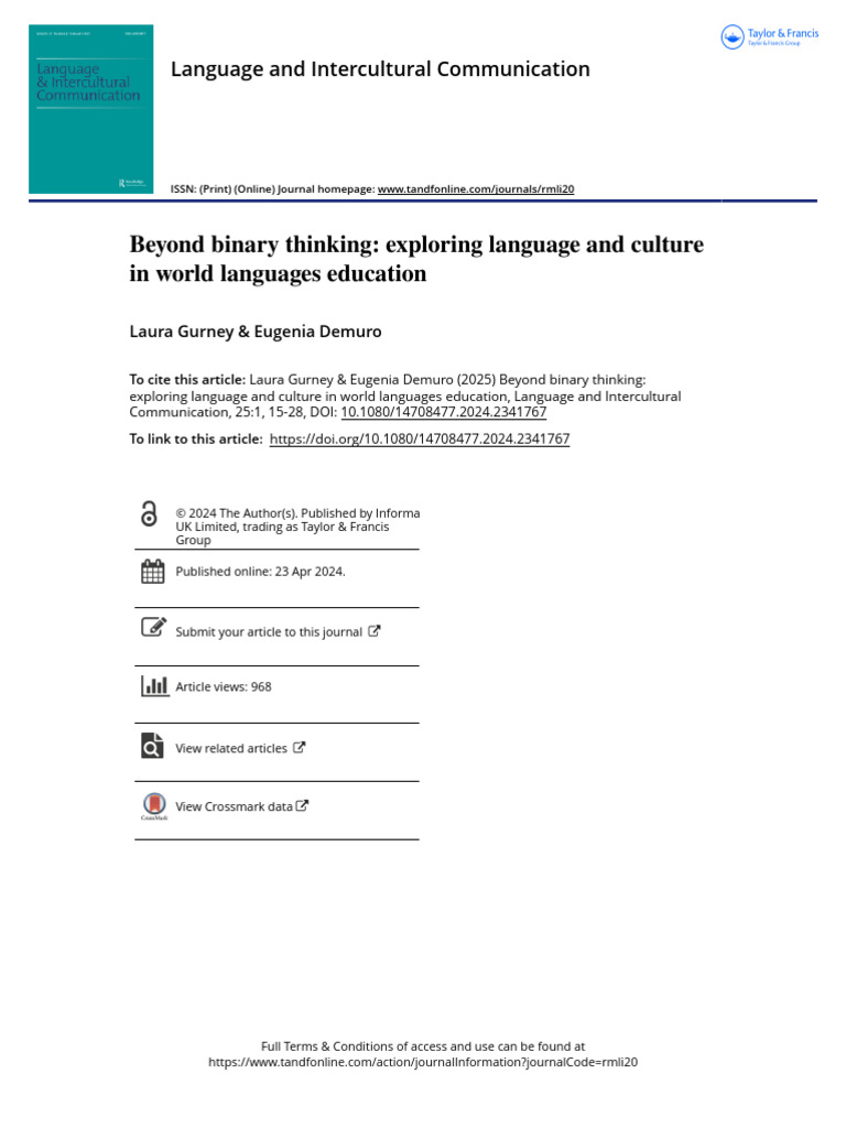 Beyond Binary Thinking Exploring Language and Culture in World Languages Education | PDF ...