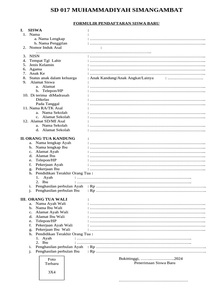 Formulir Pendaftaran Siswa Baru SD | PDF