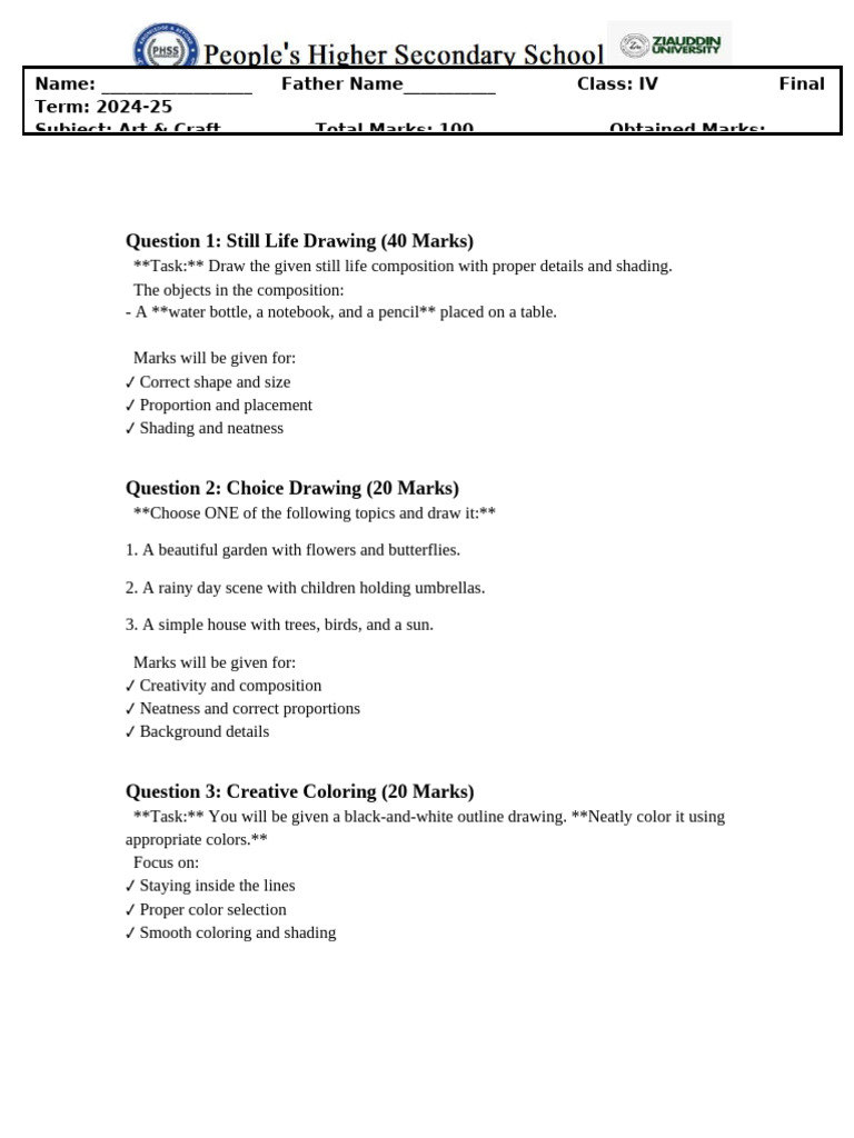 Class4 Drawing Question Paper | PDF