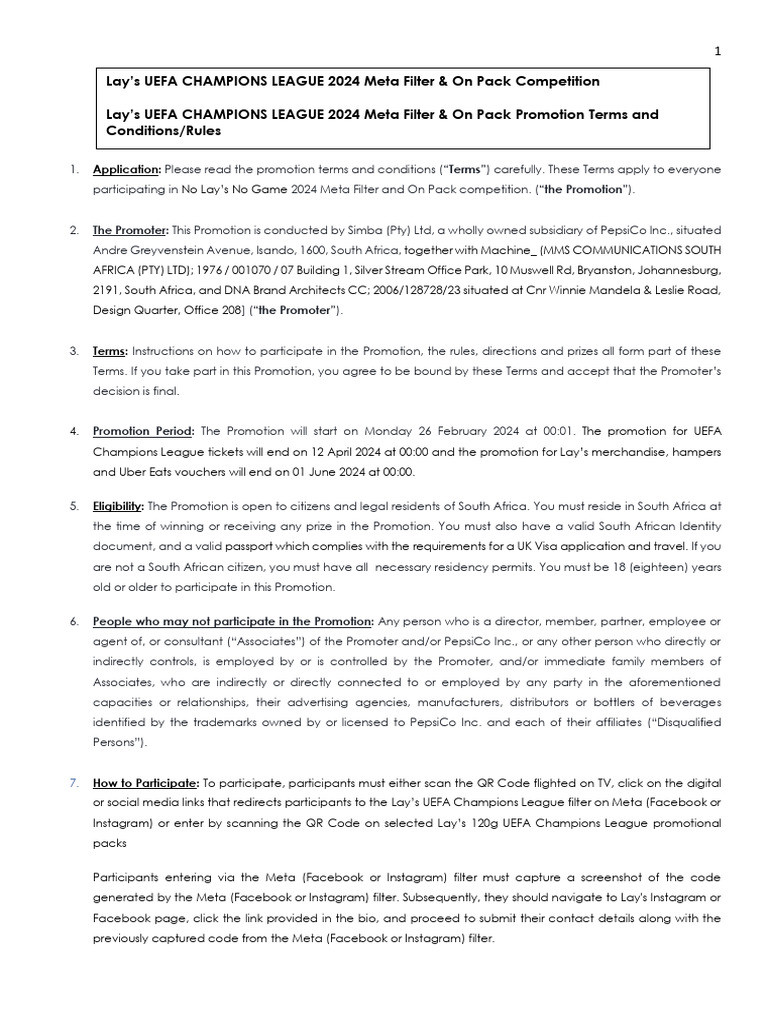 Lays UEFA Champions League 2024 | PDF | Travel Visa | Indemnity