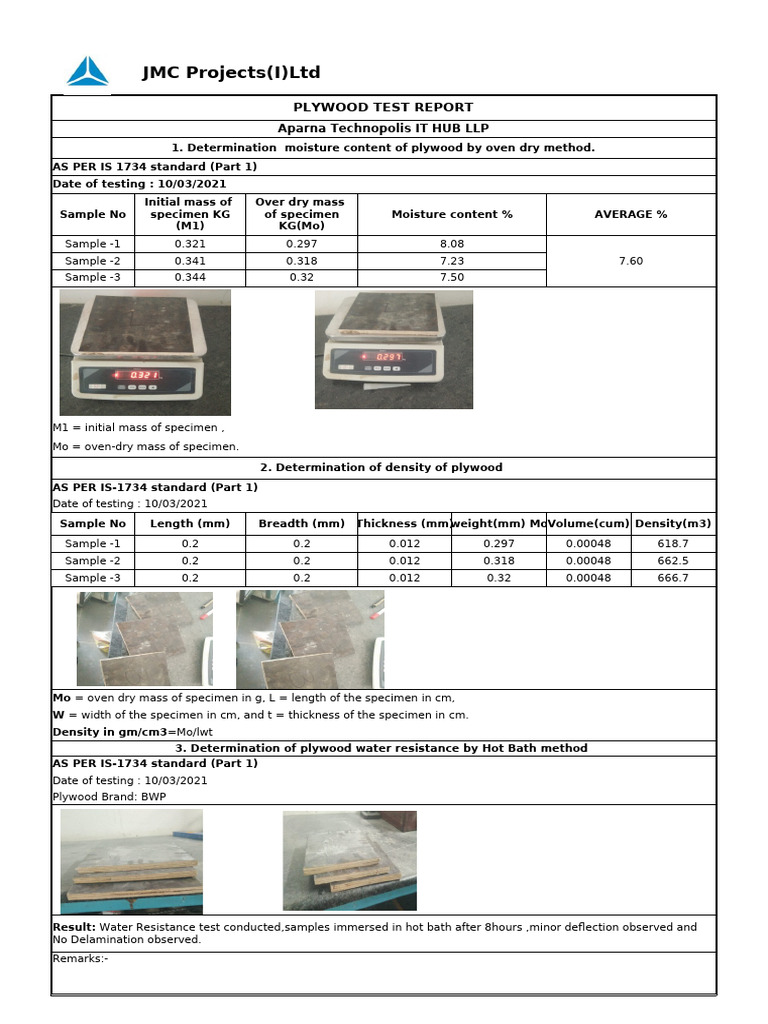 Plywood Testing Report: Moisture & Density | PDF | Plywood | Density