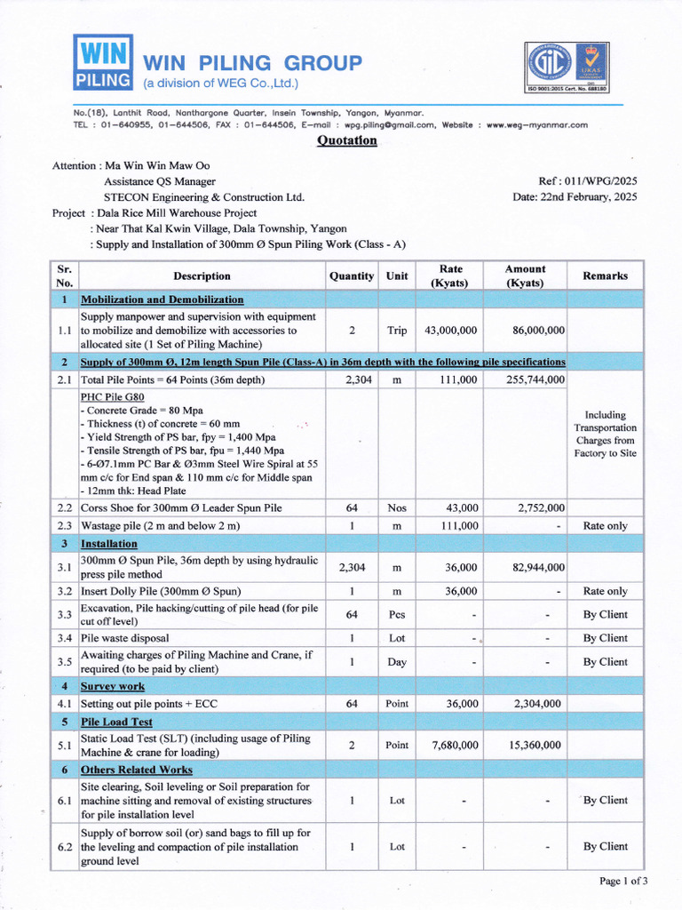 Quotation For 300 MM Spun Piling Work of Dala Rice Mill | PDF | Deep ...
