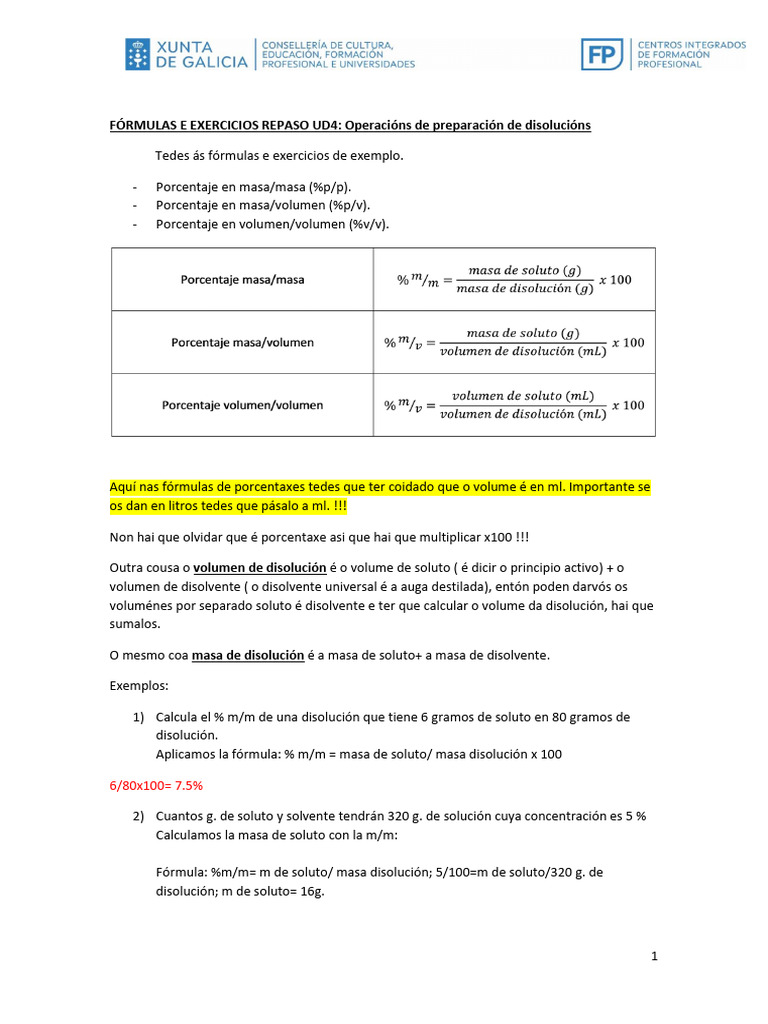 FÓRMULAS E EXERCICIOS REPASO UD4 | PDF | Concentración | Cantidades fisicas