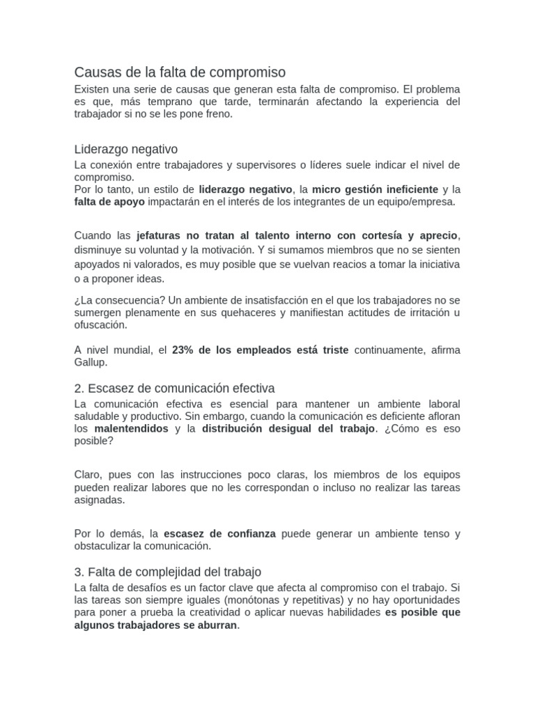 Causas de la falta de compromiso laboral | PDF | Liderazgo | Motivación