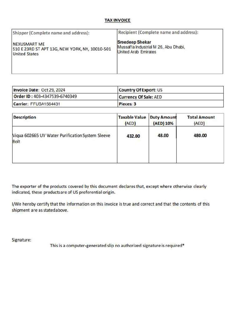 Invoice amazon UV bolt | PDF