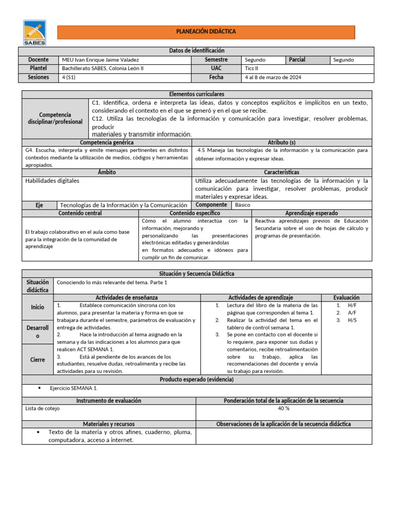 Planeacion Tics II de 2 Parcial | PDF | Evaluación | Enseñando