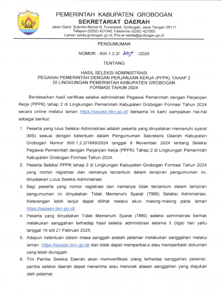Pengumuman Hasil Seleksi Adm PPPK Tahap 2 Pemkab Grobogan Formasi 2024 | PDF