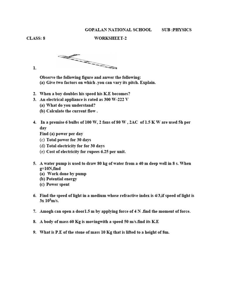 Class 8 Physics Worksheet on Energy and Power | PDF