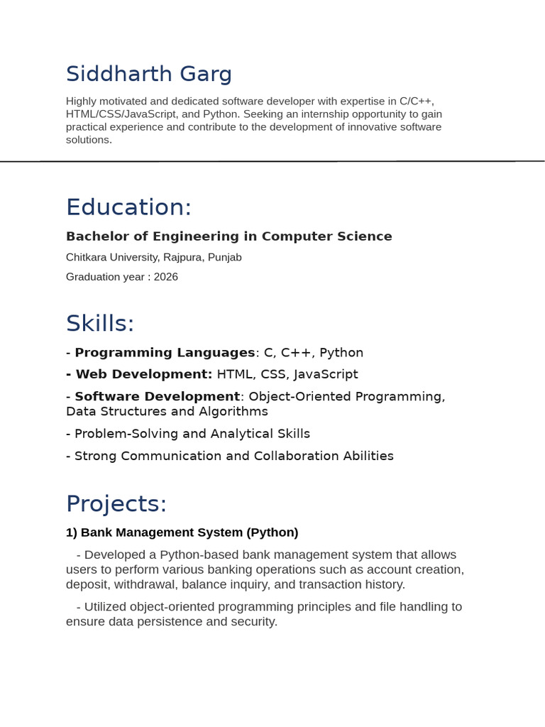 Software Developer Internship Resume | PDF
