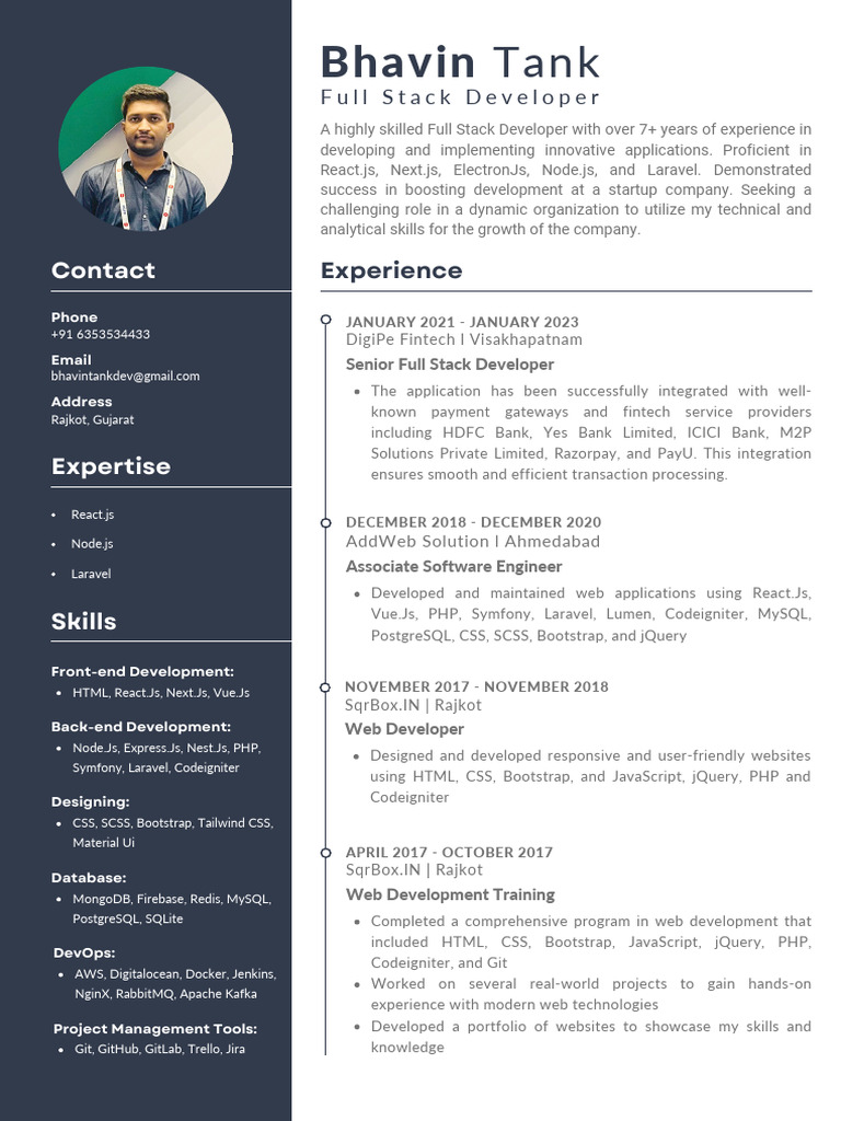 Bhavin Tank Full Stack Developer Resume | PDF | Bootstrap (Front End Framework) | Point Of Sale