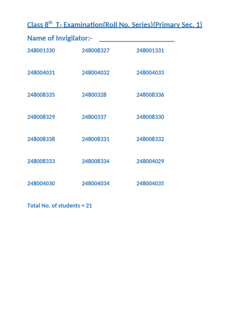 Class 8 Examination Roll Numbers | PDF