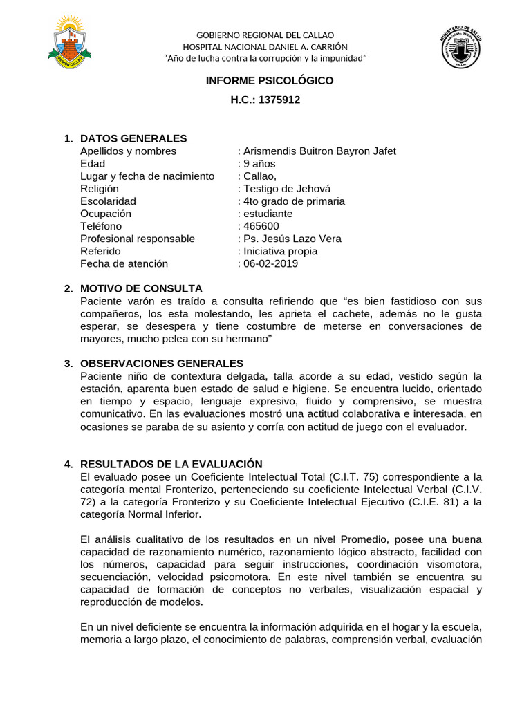INFORME PSICOLOGICO Arismendis JAFET | PDF | Comportamiento | Cociente de inteligencia