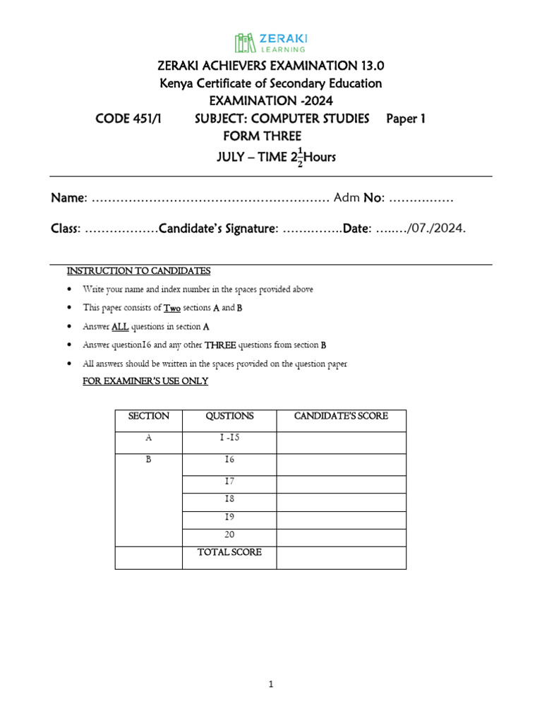 KCSE 2024 Computer Studies Exam | PDF | Spreadsheet | Microsoft Excel