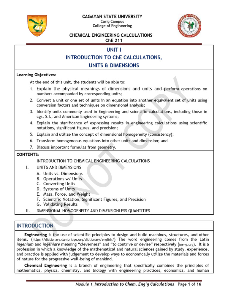 Module 1_UNIT 1_Intro to ChE Calculations | PDF | Weight ...