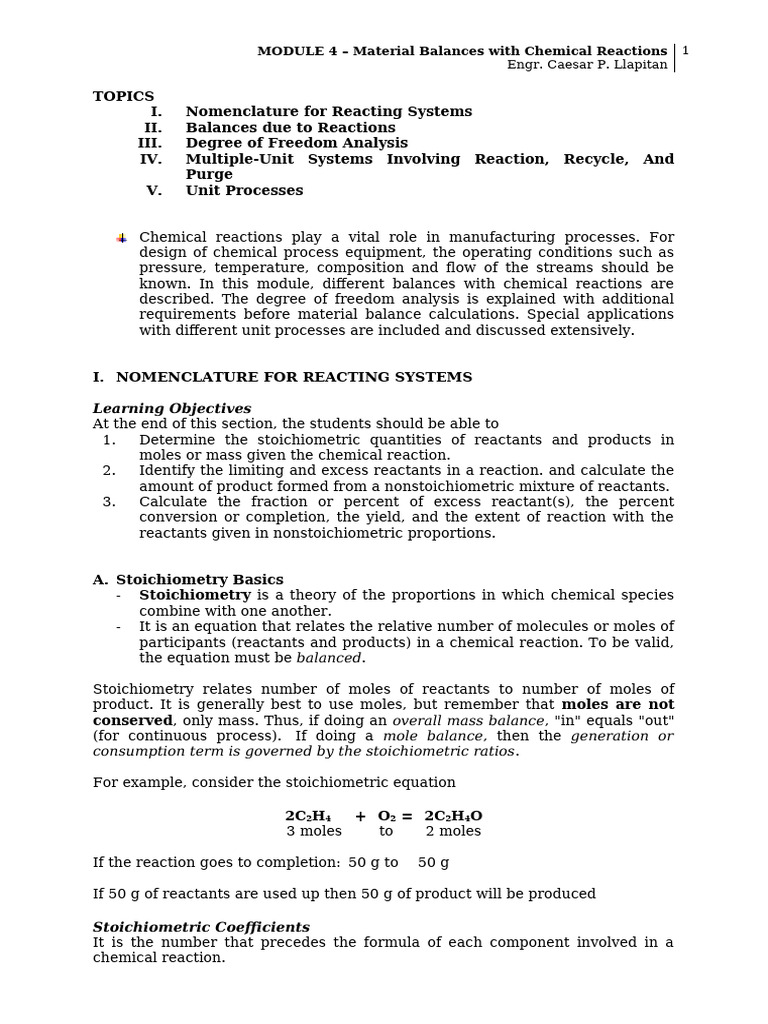 MODULE 4 - Material Balances With Reactions 2021 | PDF | Stoichiometry ...