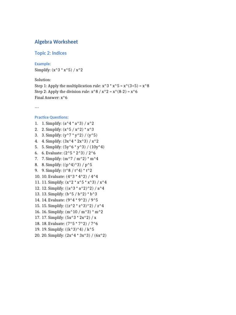 Algebra Indices Worksheet (1) | PDF