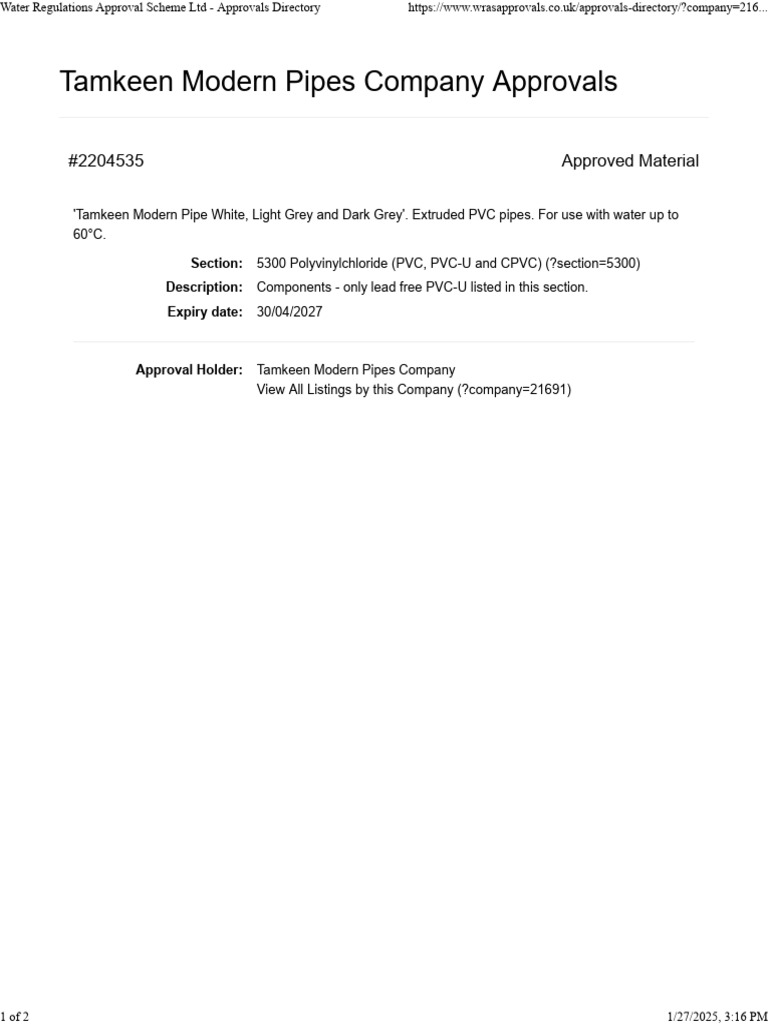 Water Regulations Approval Scheme Ltd - Approvals Directory | PDF