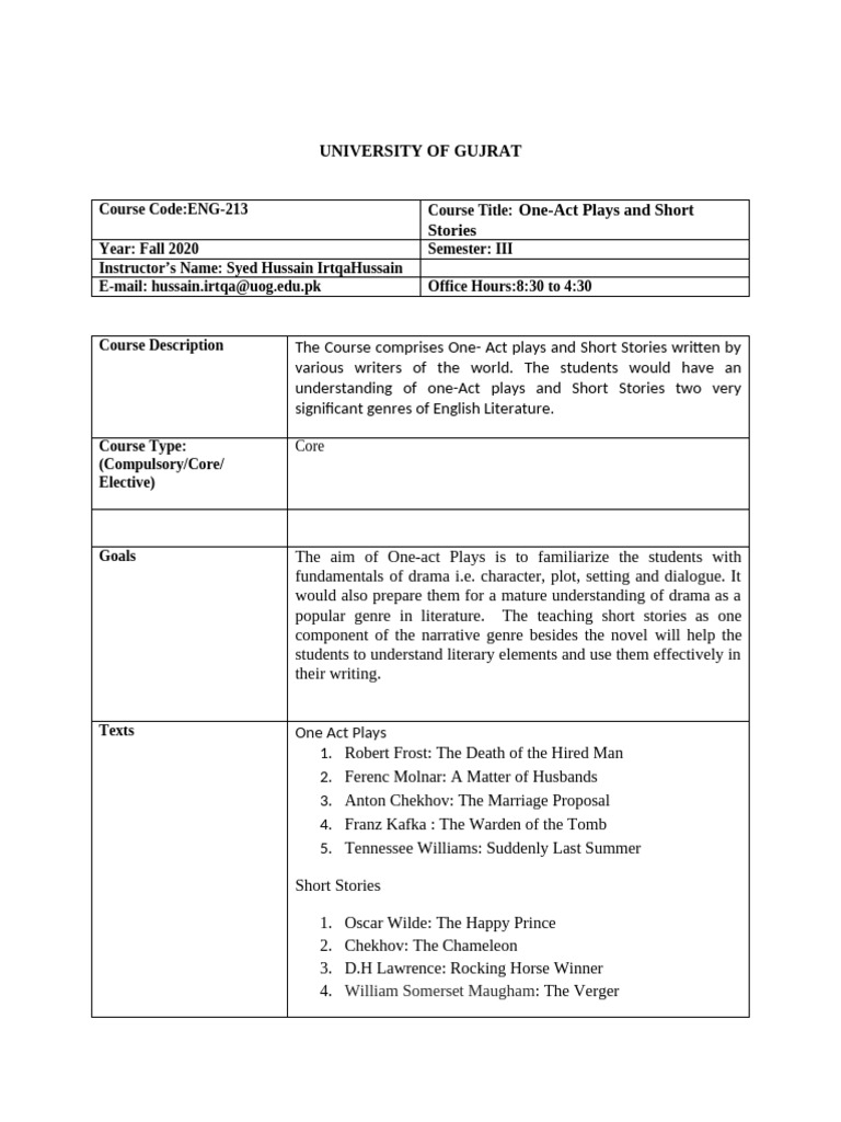 ENG-213 One-Act Plays and Short Stories | PDF