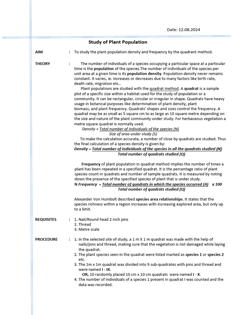 G12 - Bio - Pract - Exp11 - Study of Plant Population | PDF | Density | Population