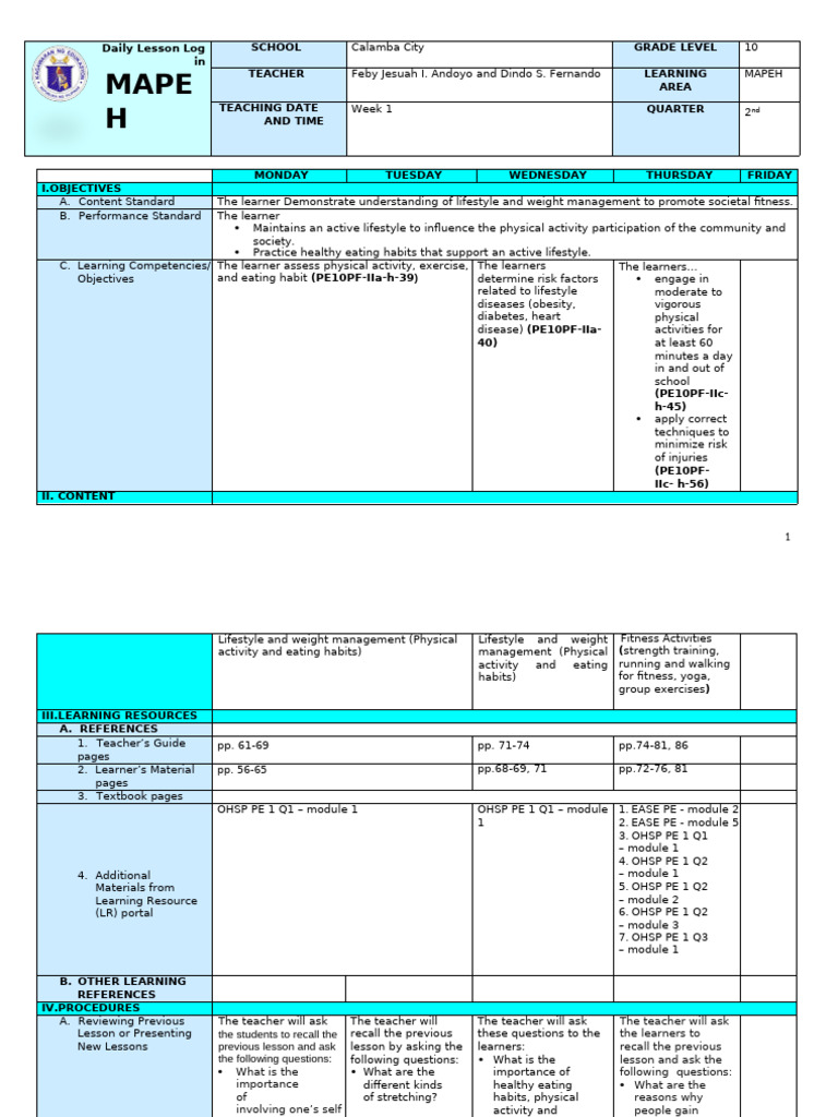 Grade 10 MAPEH Lesson Plan | PDF | Physical Fitness