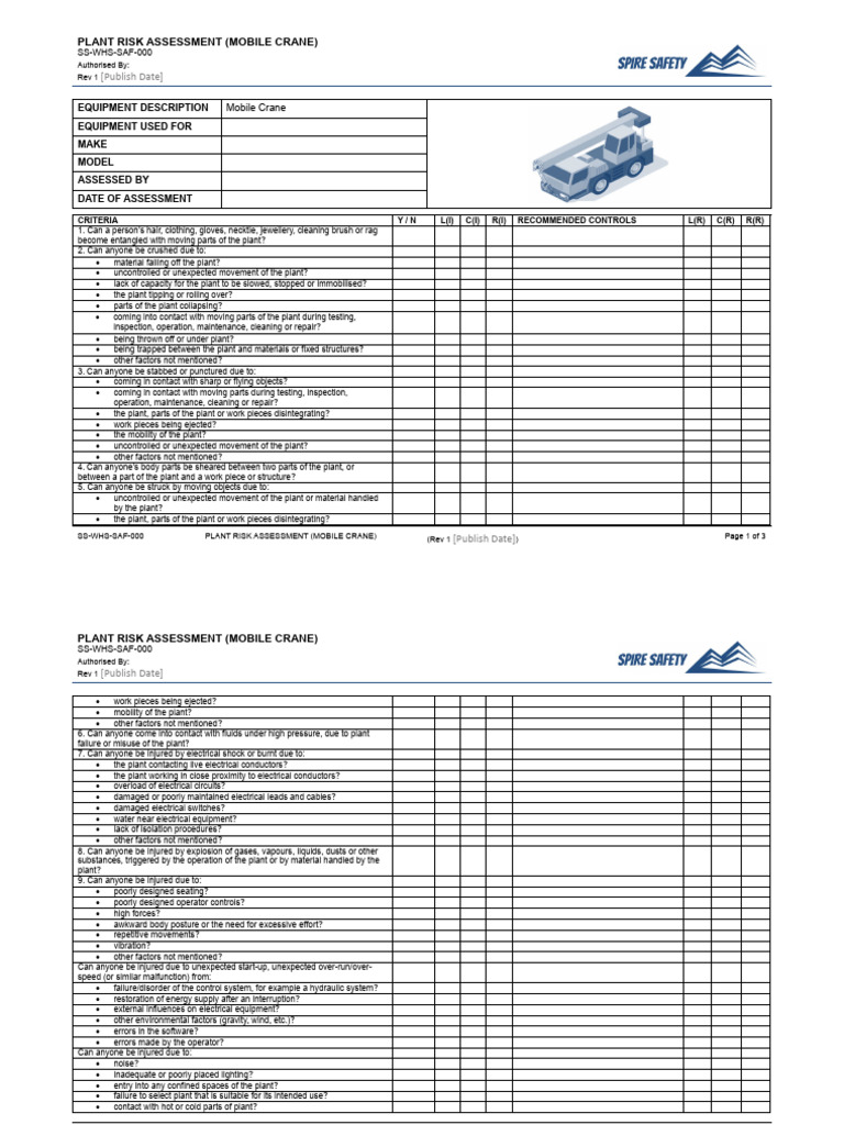 SS WHS SAF 000 Plant Risk Assessment Mobile Crane 1 | PDF | Risk | Safety
