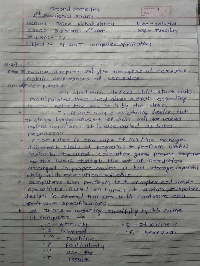 Bhise Vishal Vishnu CS 1st Sessional Answersheet | PDF