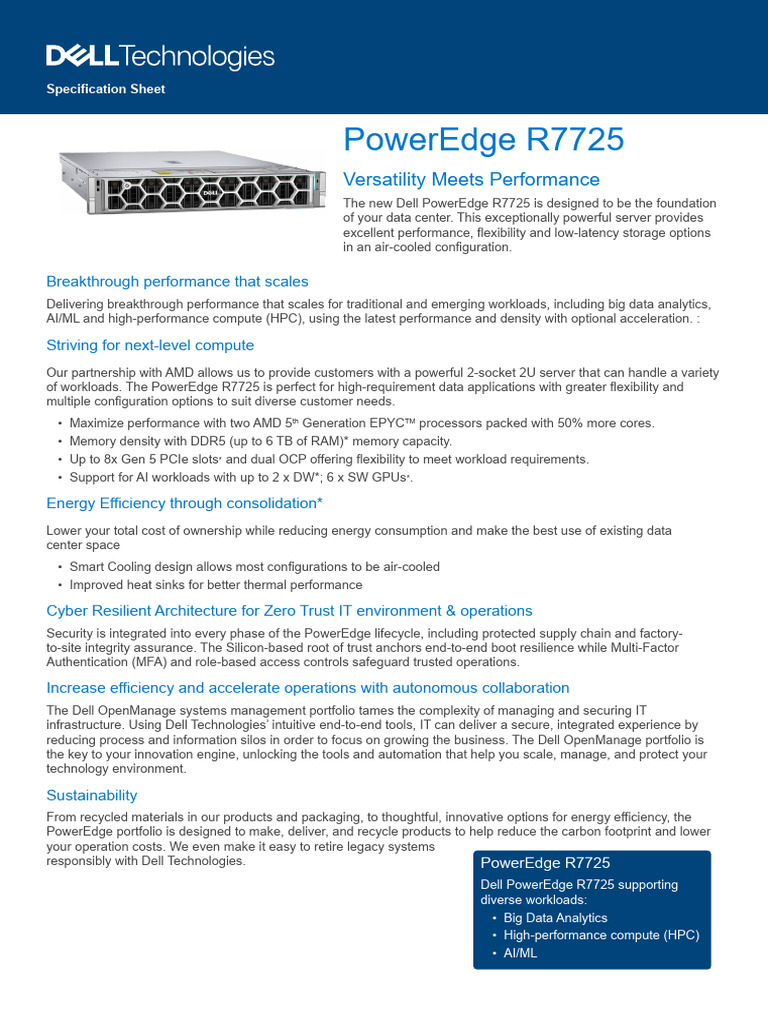 Poweredge r7725 Spec Sheet | PDF | Central Processing Unit | Multi Core ...