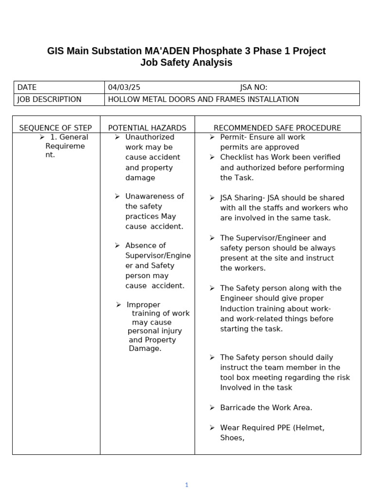 JSA Hollow Metal Door and Frame Installation | PDF | Working Conditions ...
